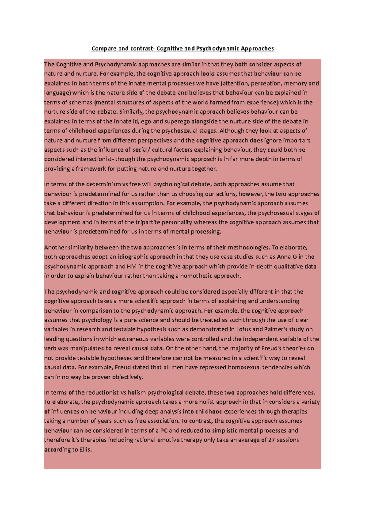 Compare and contrast the psychodynamic and cognitive approaches - Compare and contrast ...