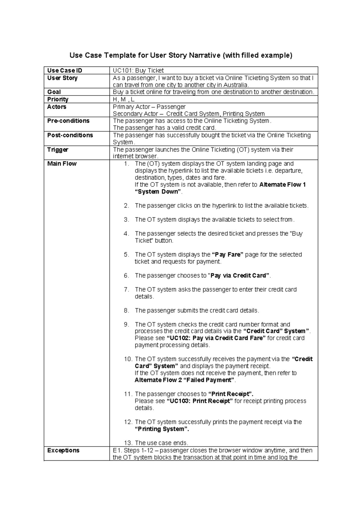 Use Case Template for User Story Narrative - Goal Buy a ticket online ...