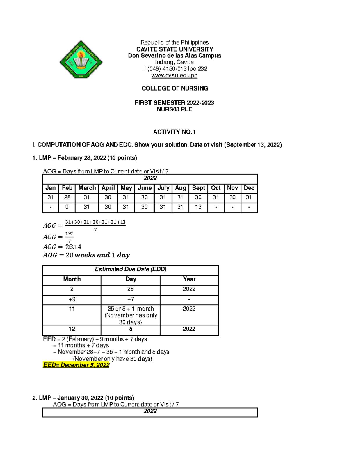 Activity NO. 1 Computation of AOG and EDD - Republic of the Philippines ...