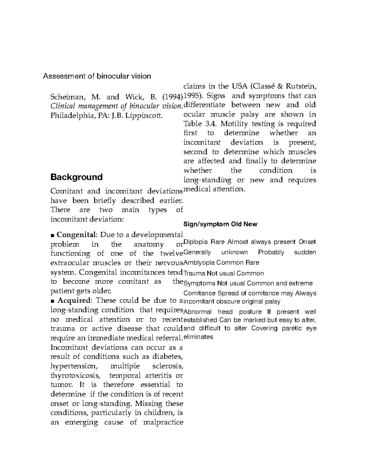 PHYS 000 - Lecture notes 3 - Assessment of binocular vision 99 Scheiman ...
