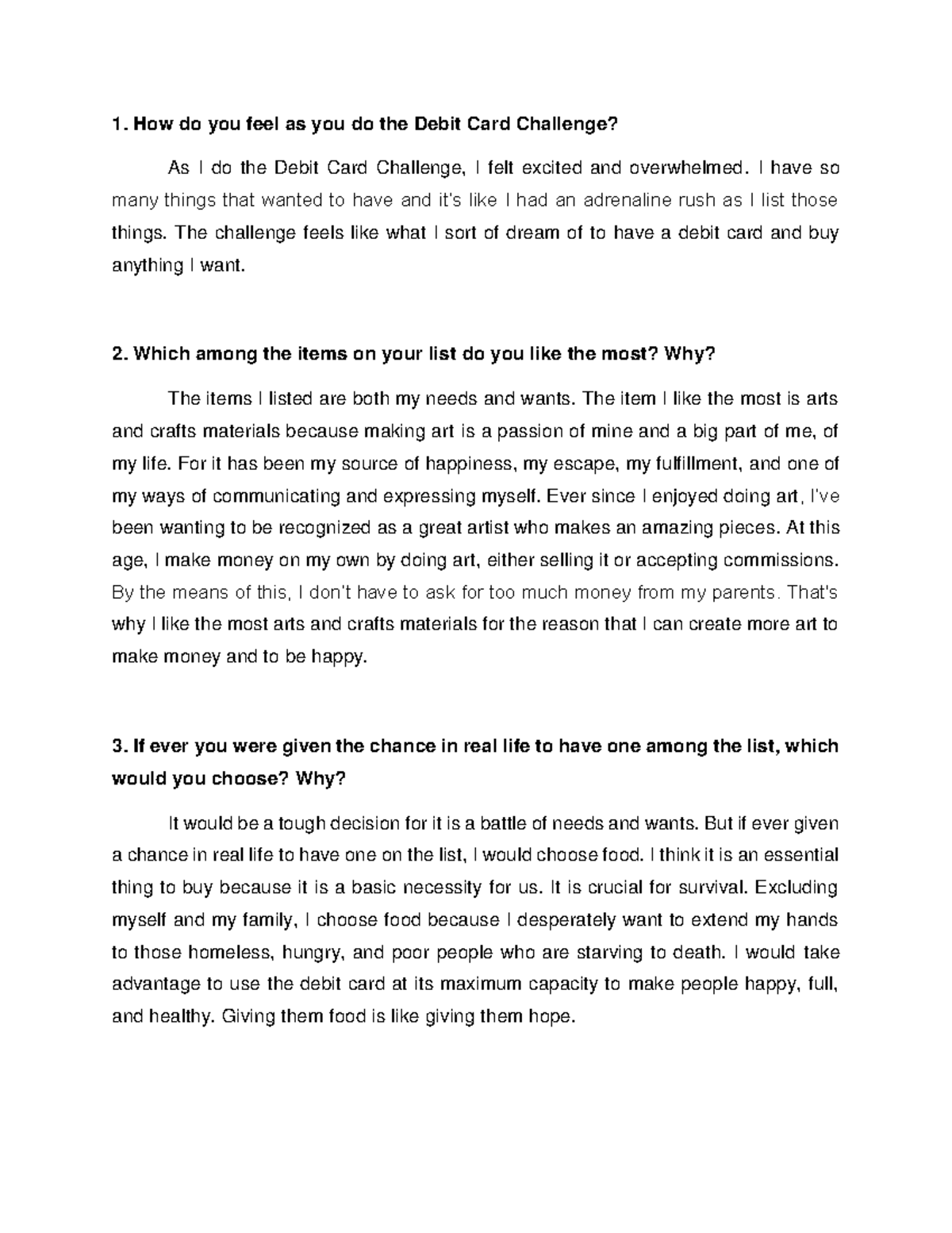 Activity - The Material Self - How do you feel as you do the Debit Card ...