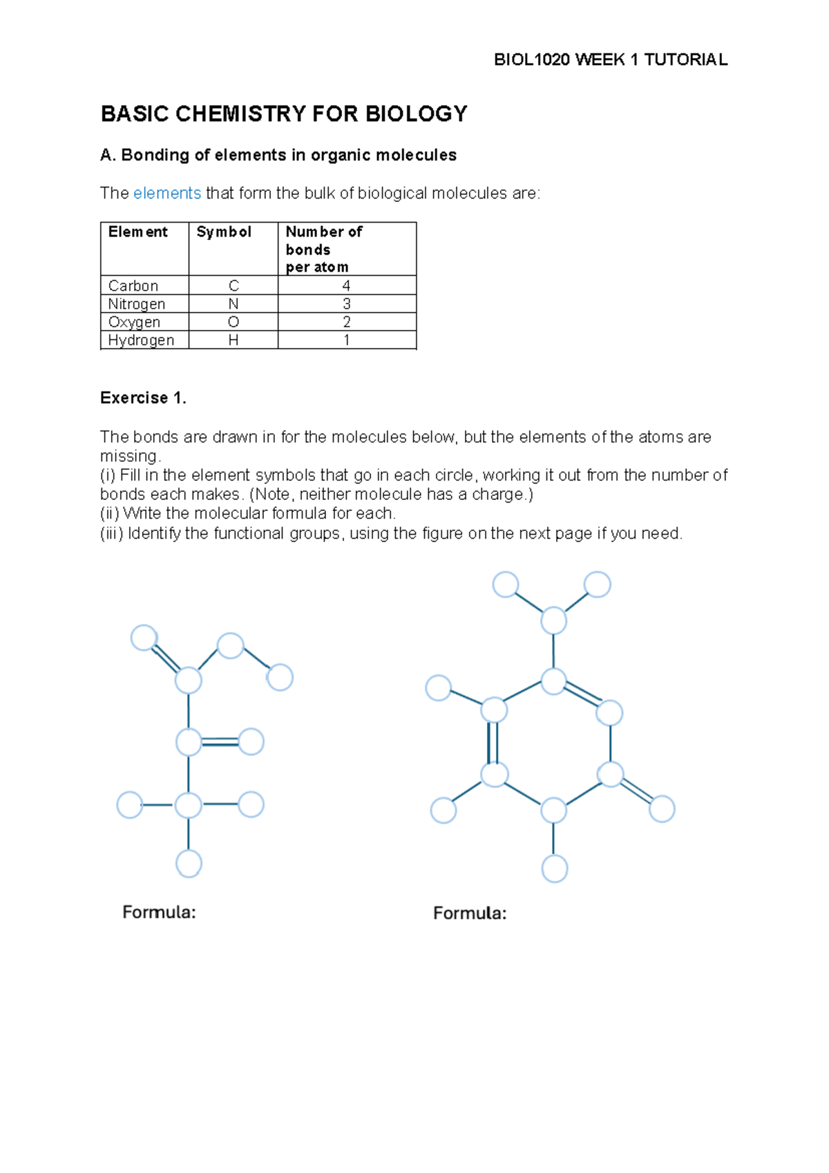 2024-BIOL1020 week1-tutorial - BASIC CHEMISTRY FOR BIOLOGY A. Bonding ...