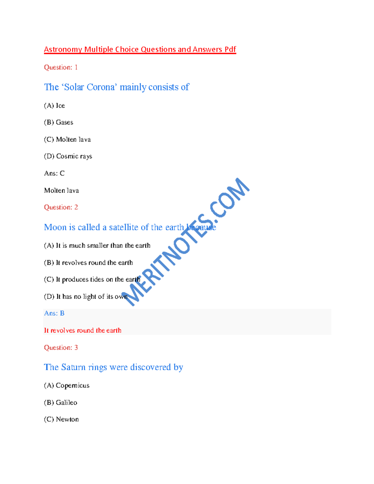 Astronomy multiple choice questions - Studocu