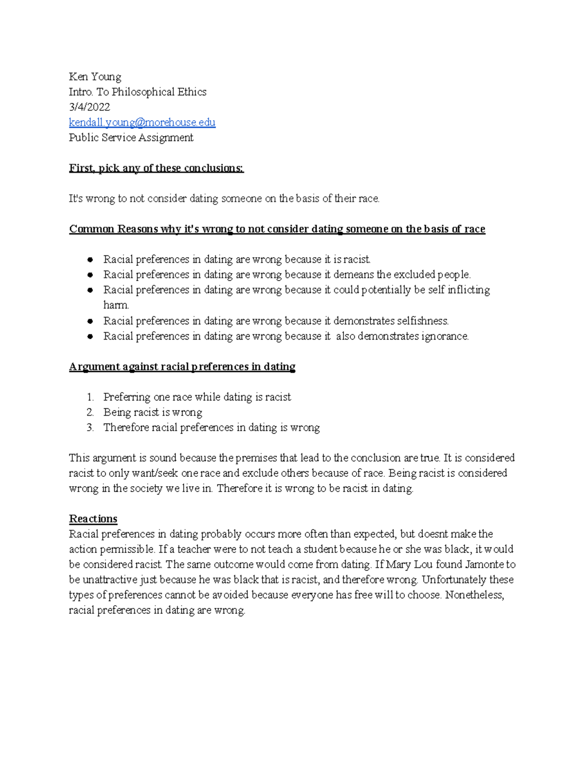 Service Assignment Philosophical Ethics - Ken Young Intro. To Philosophical Ethics 3/4/ - Studocu