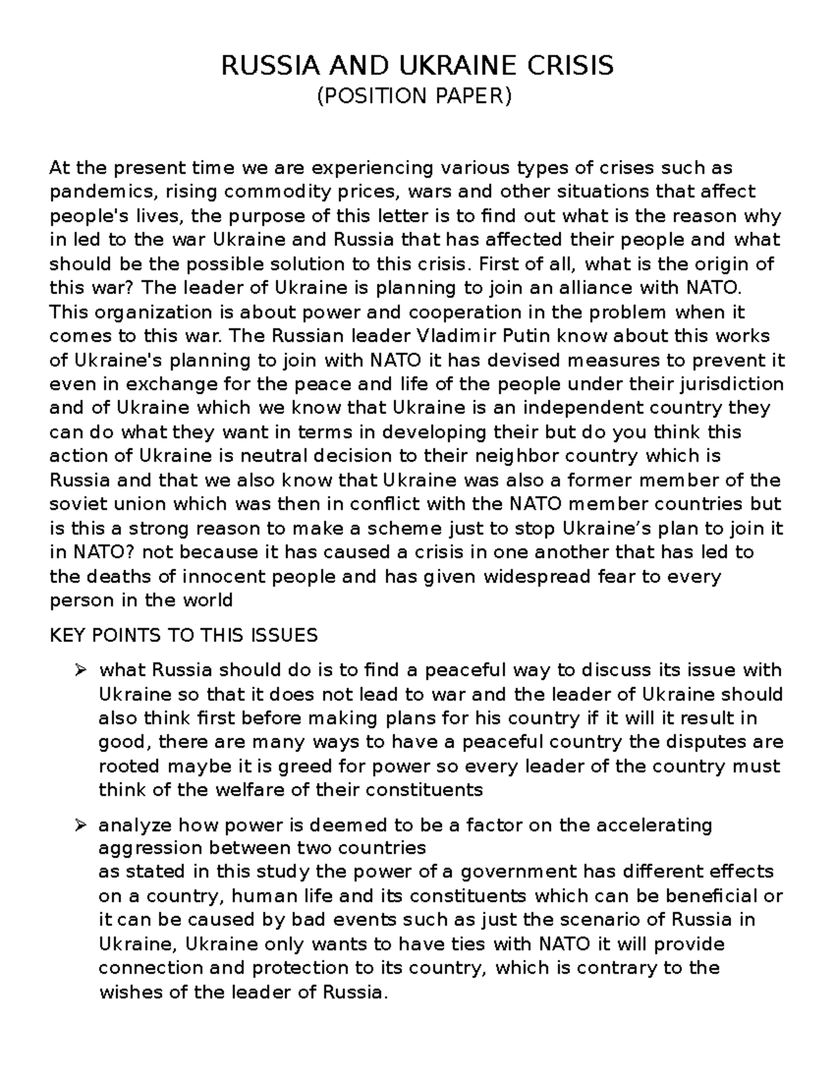 Position Paper letter - RUSSIA AND UKRAINE CRISIS (POSITION PAPER) At ...