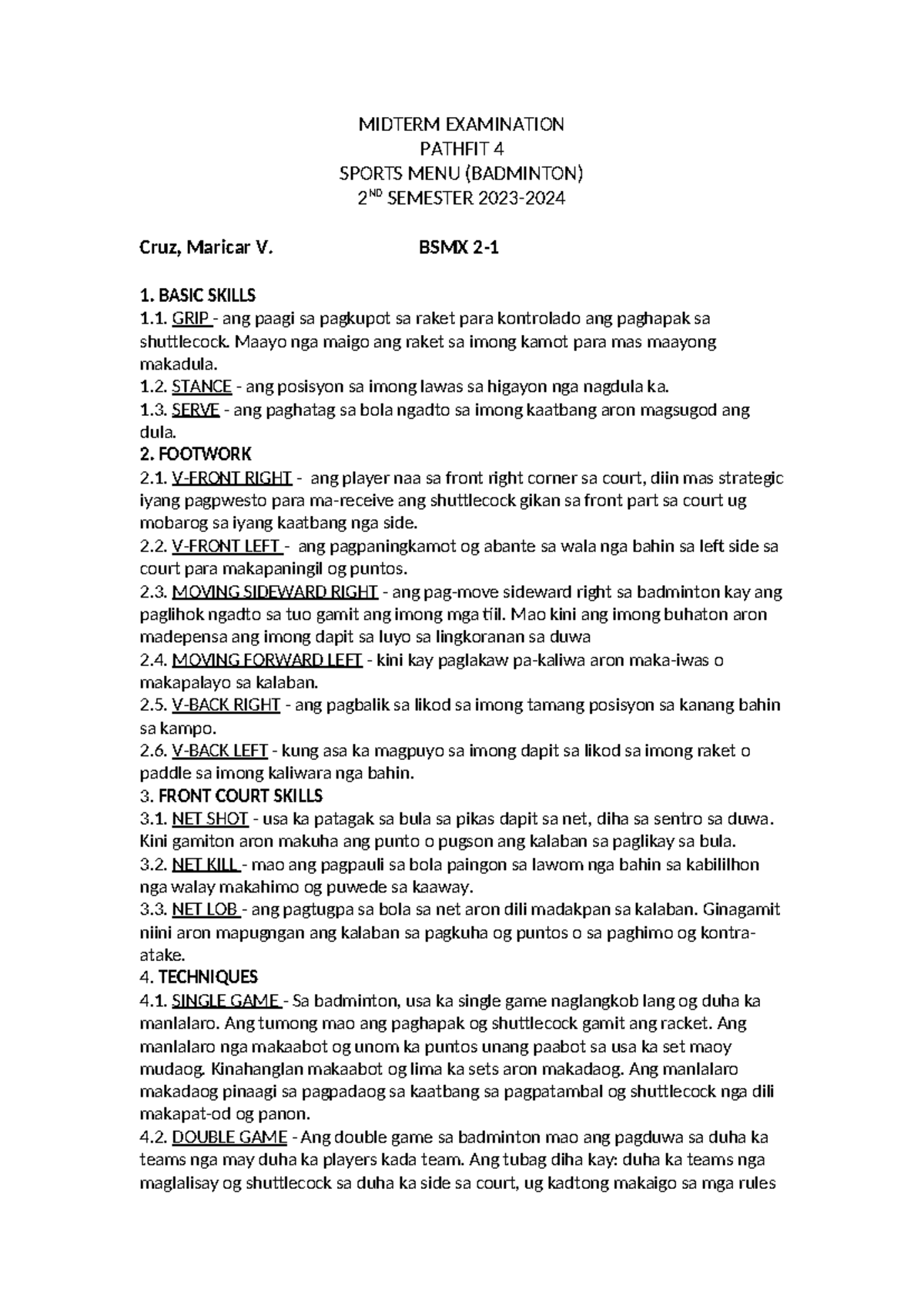 PE Badminton Skills - MIDTERM EXAMINATION PATHFIT 4 SPORTS MENU ...