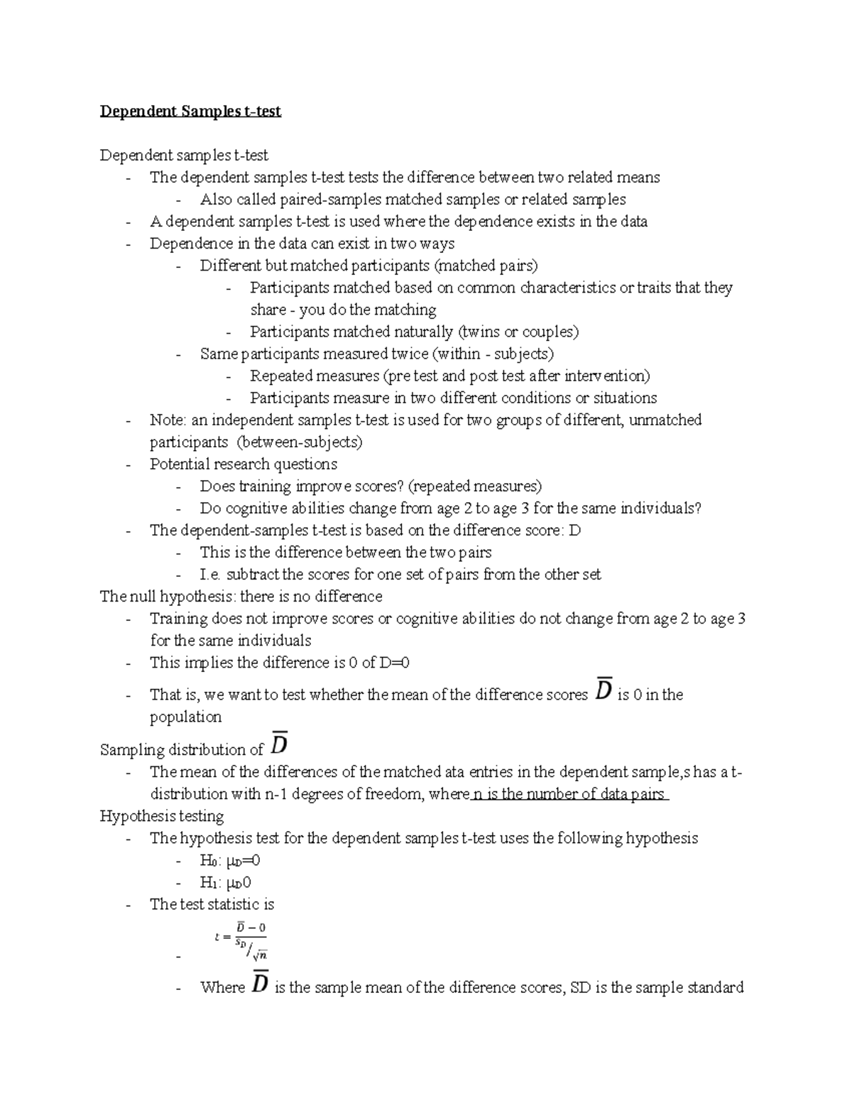 Exam 2 Notes Stat - Dependent Samples t-test Dependent samples t-test ...