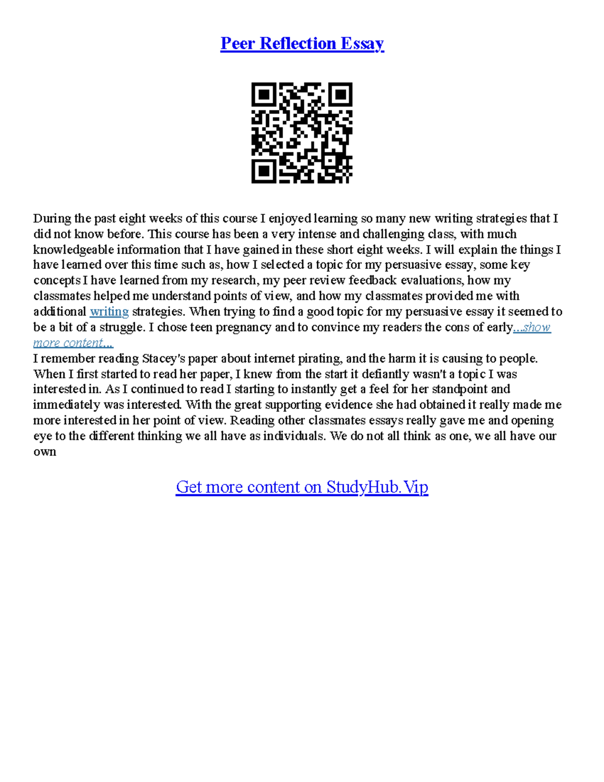 Mla Essay Format - Peer Reflection Essay During the past eight weeks of ...