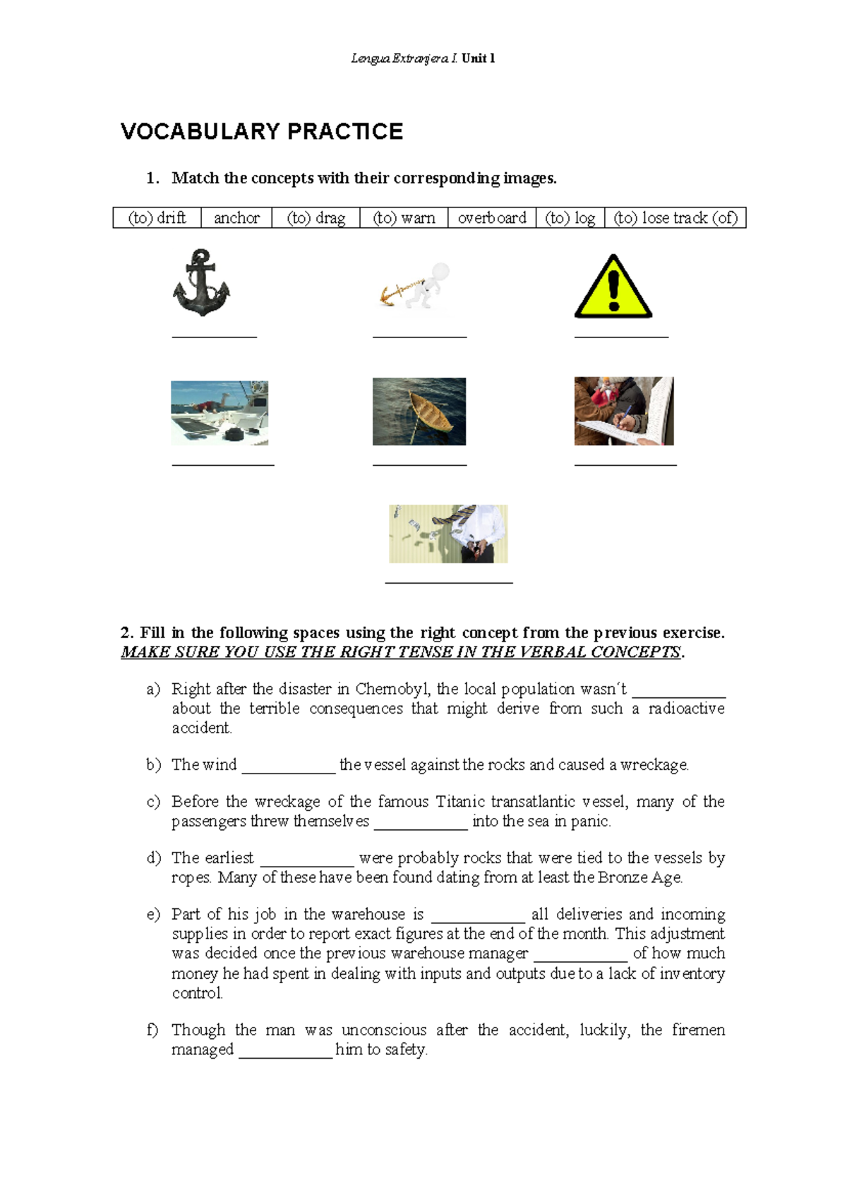 1. Vocabulary Practice - Lengua Extranjera I. Unit 1 VOCABULARY ...