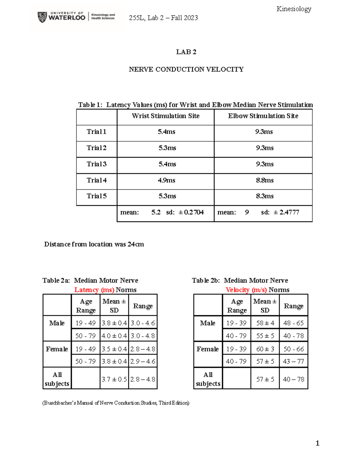 LAB 2 Nerve Conduction Velocity F '23 - 255L, Lab 2 – Fall 2023 LAB 2 ...