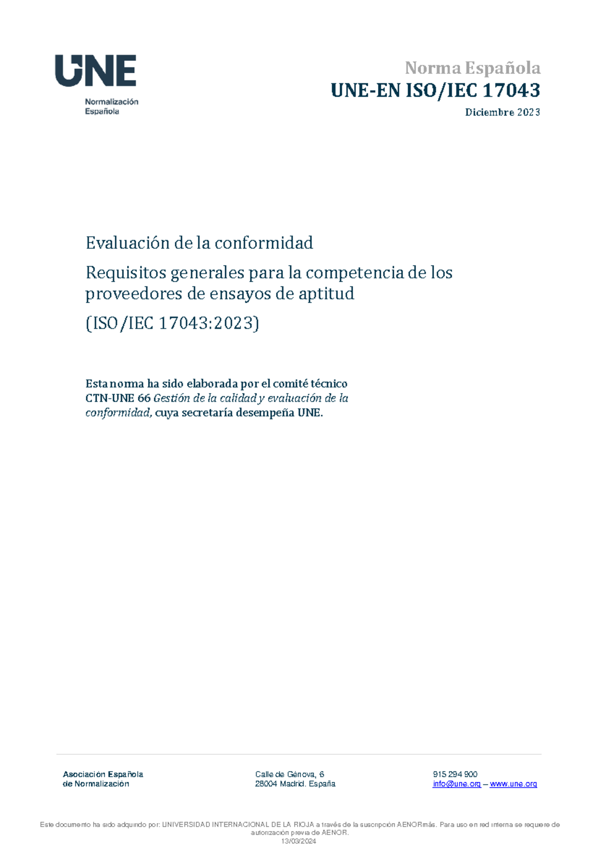 UNE EN ISO IEC 17043 2023 Evaluación de la conformidad. Requisitos ...