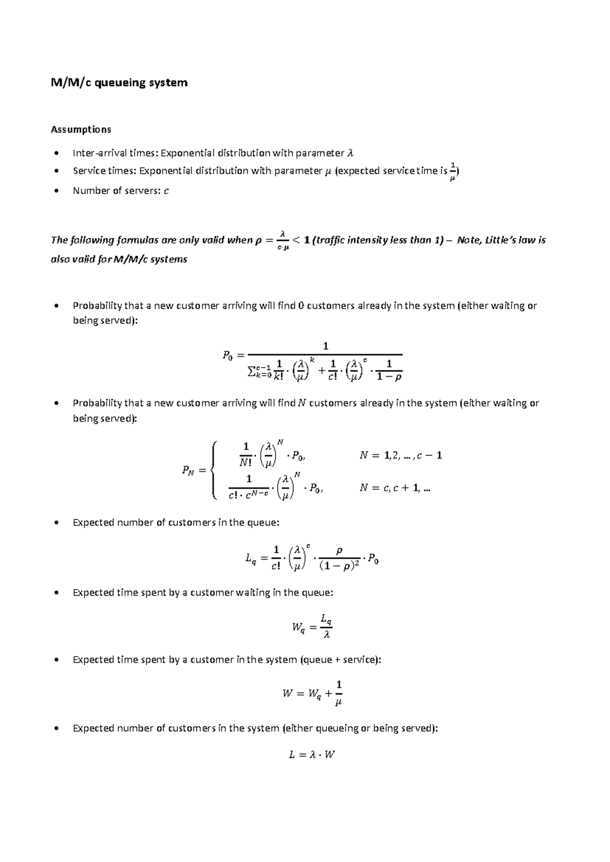 Mmc Formulas Fomulas Mmc Queueing System Assumptions Inter Arrival Times Exponential