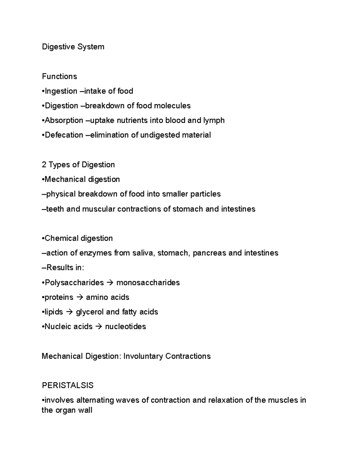 Digestive System - Summary - Digestive System Functions •Ingestion ...