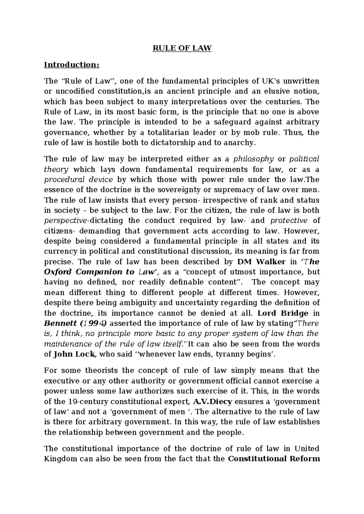 Rule of law 1 - essay material - RULE OF LAW Introduction: The “Rule of ...