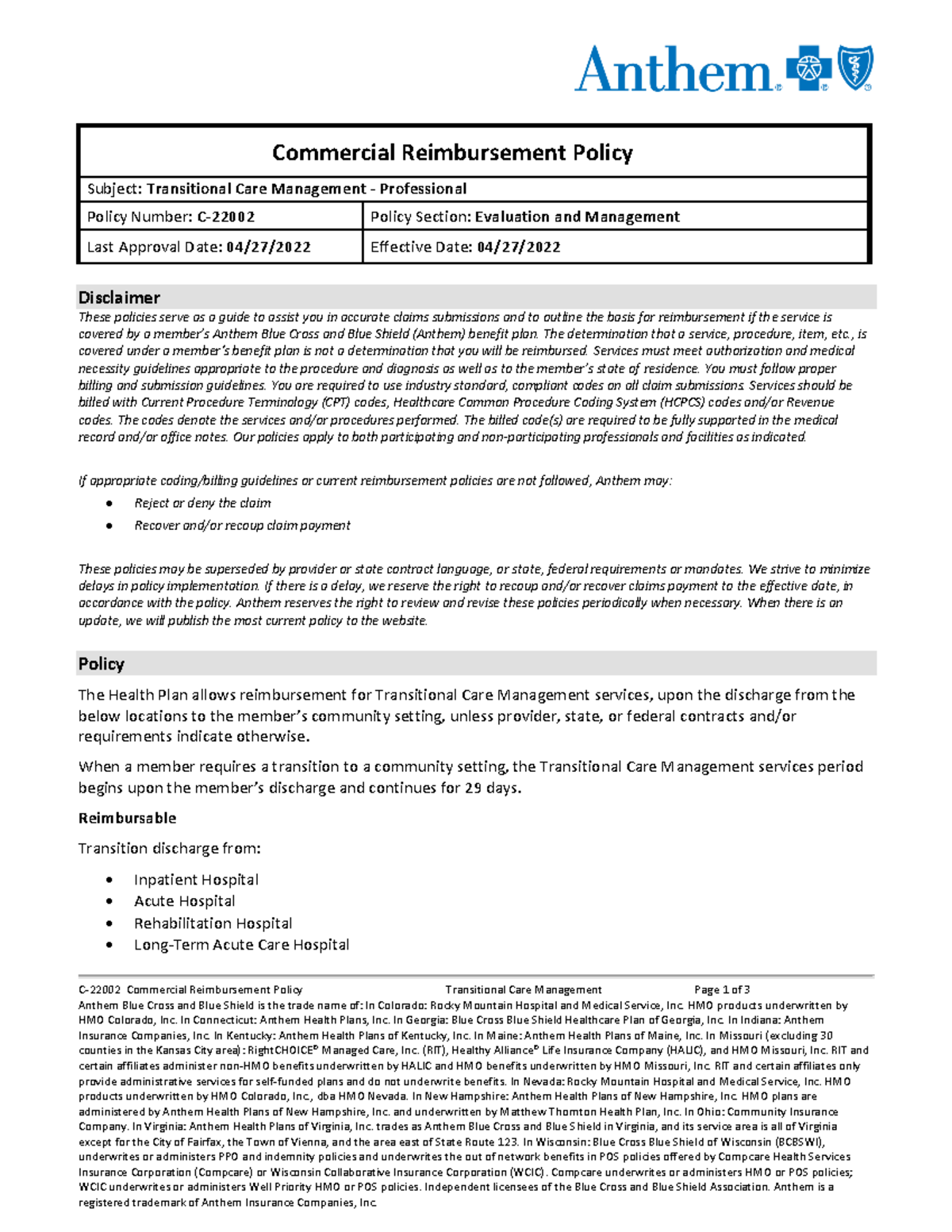 Transitional Care Mgt BCBS 042722 - C-22002 Commercial Reimbursement ...