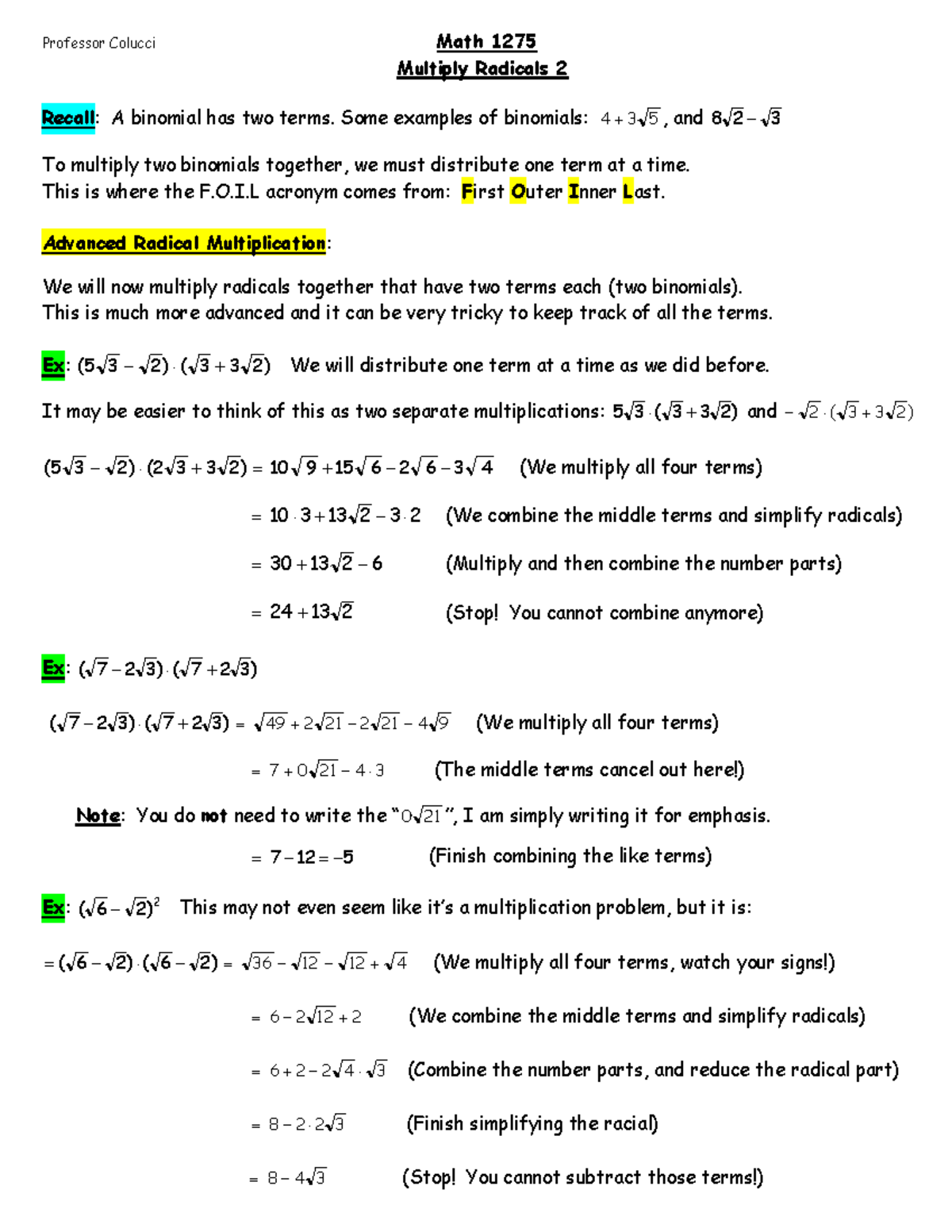MA1275-Lesson 12 (Radicals Mult2) - Professor Colucci Math 1275 ...
