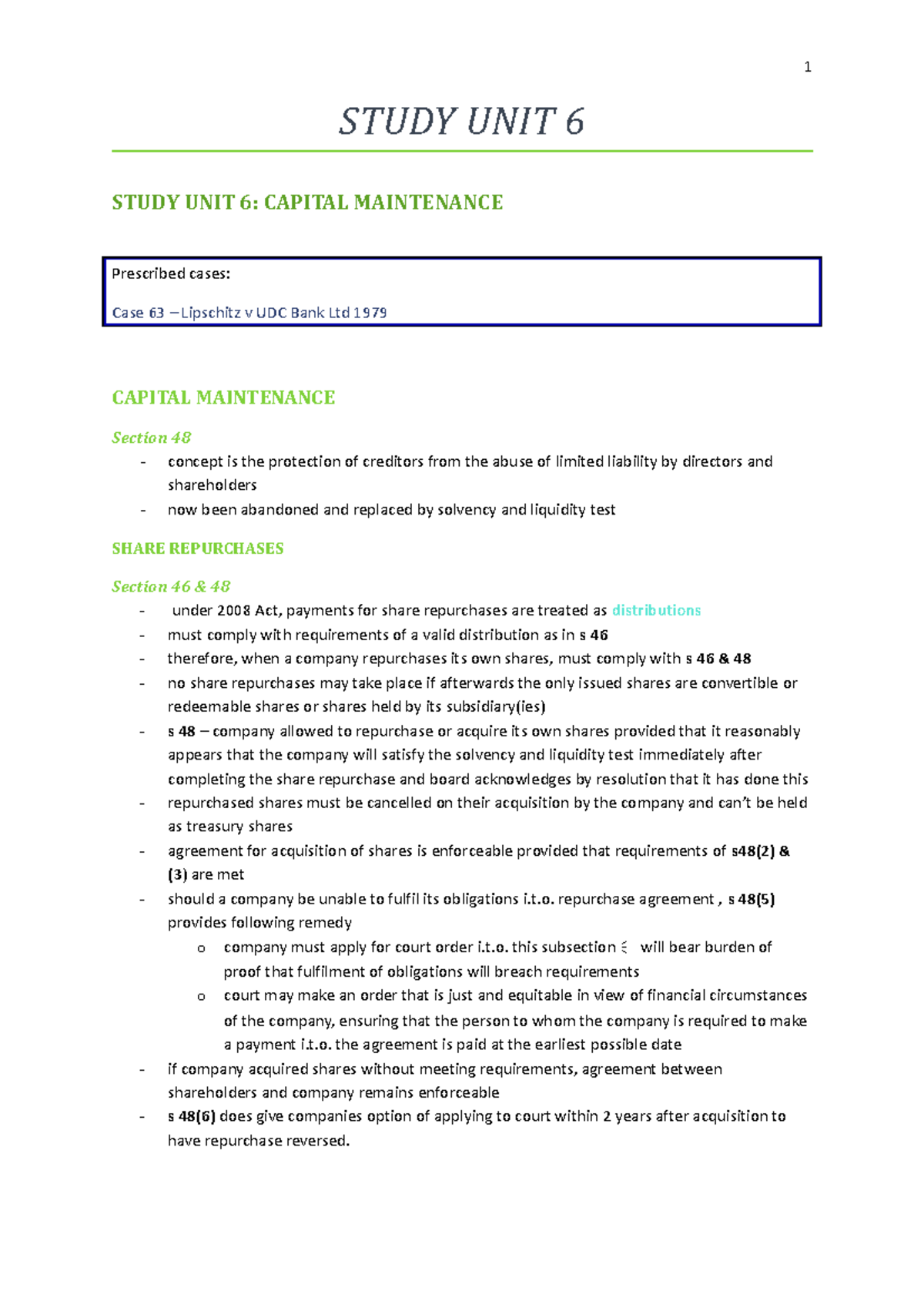 LML4806 Study Unit 6 - STUDY UNIT 6 STUDY UNIT 6: CAPITAL MAINTENANCE Prescribed cases: Case 63 ...
