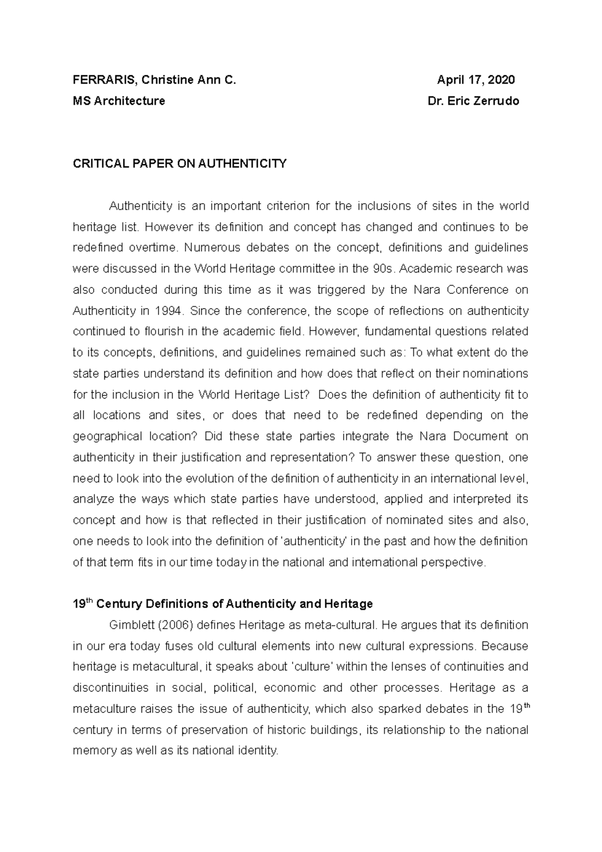 Authenticity Critical Paper - FERRARIS, Christine Ann C. April 17, 2020 ...