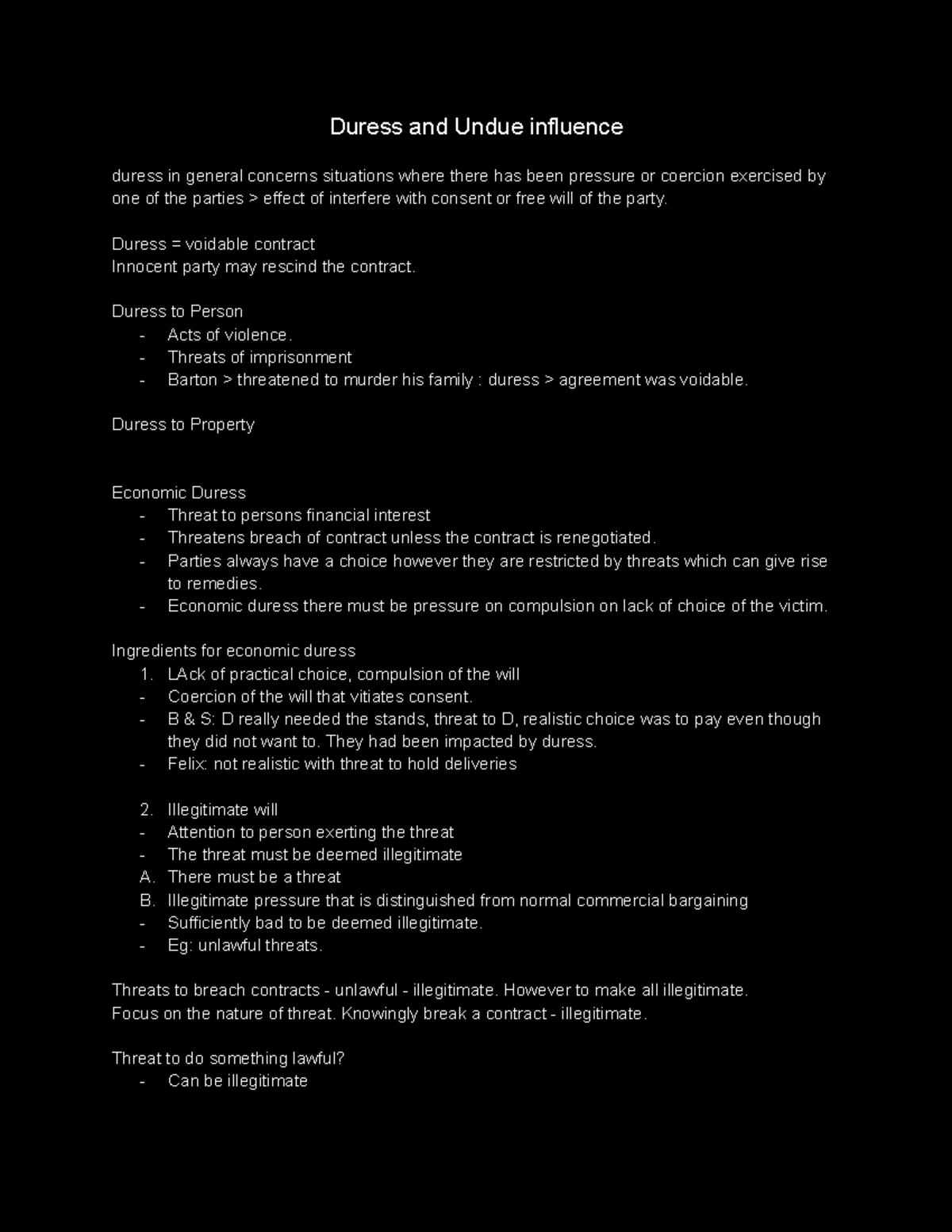 Contract Law L5 - notes - Duress and Undue influence duress in general ...
