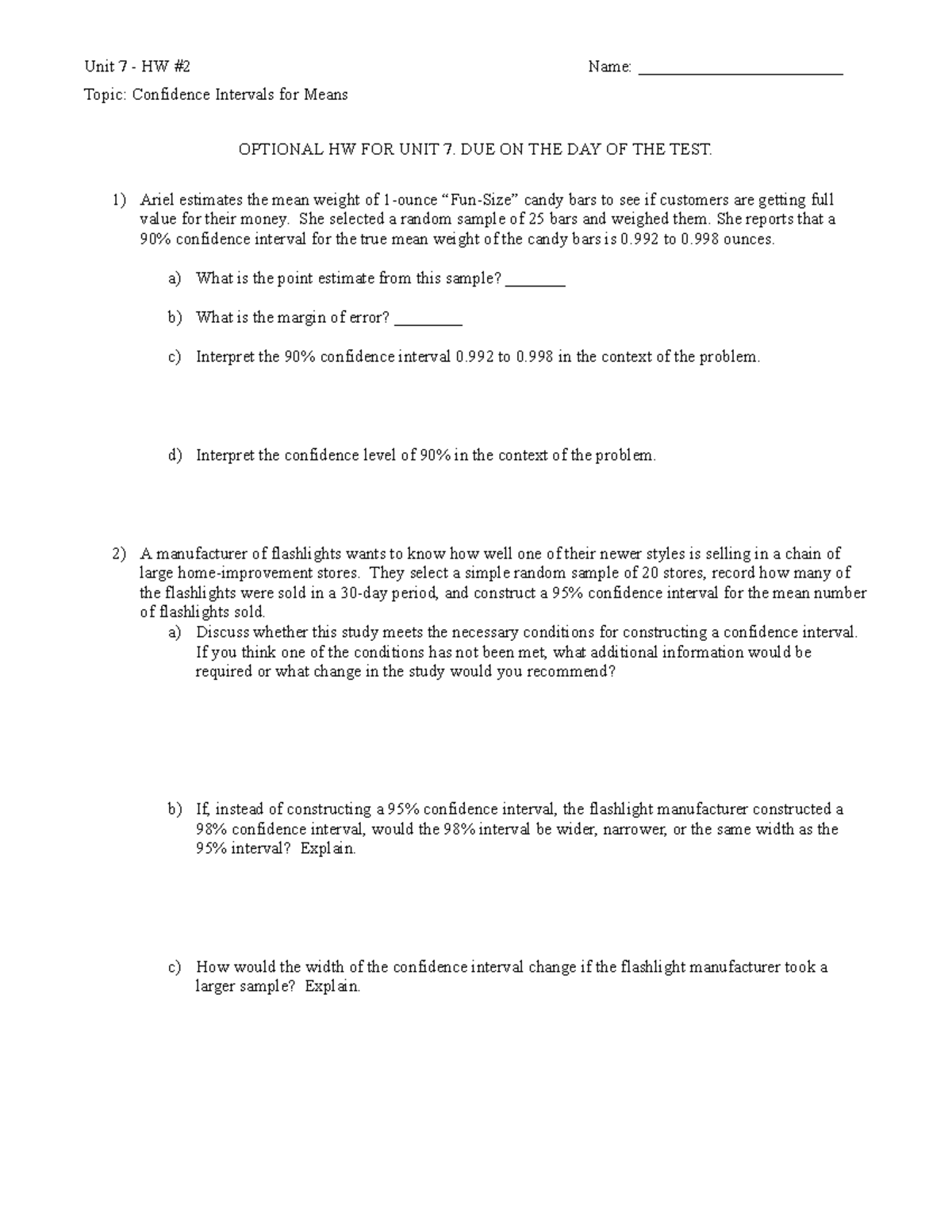 CI's for Means HW - notes - Unit 7 - HW #2 Name ...