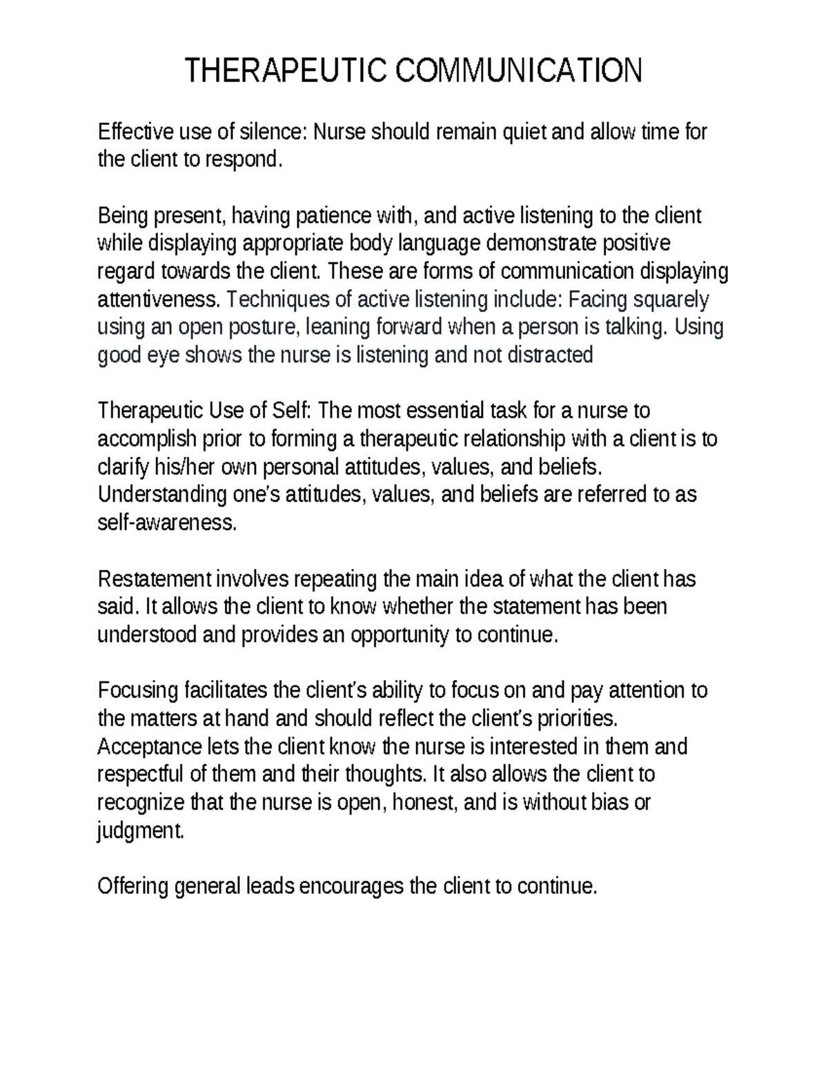 Therapeutic Communication - THERAPEUTIC COMMUNICATION Effective use of ...