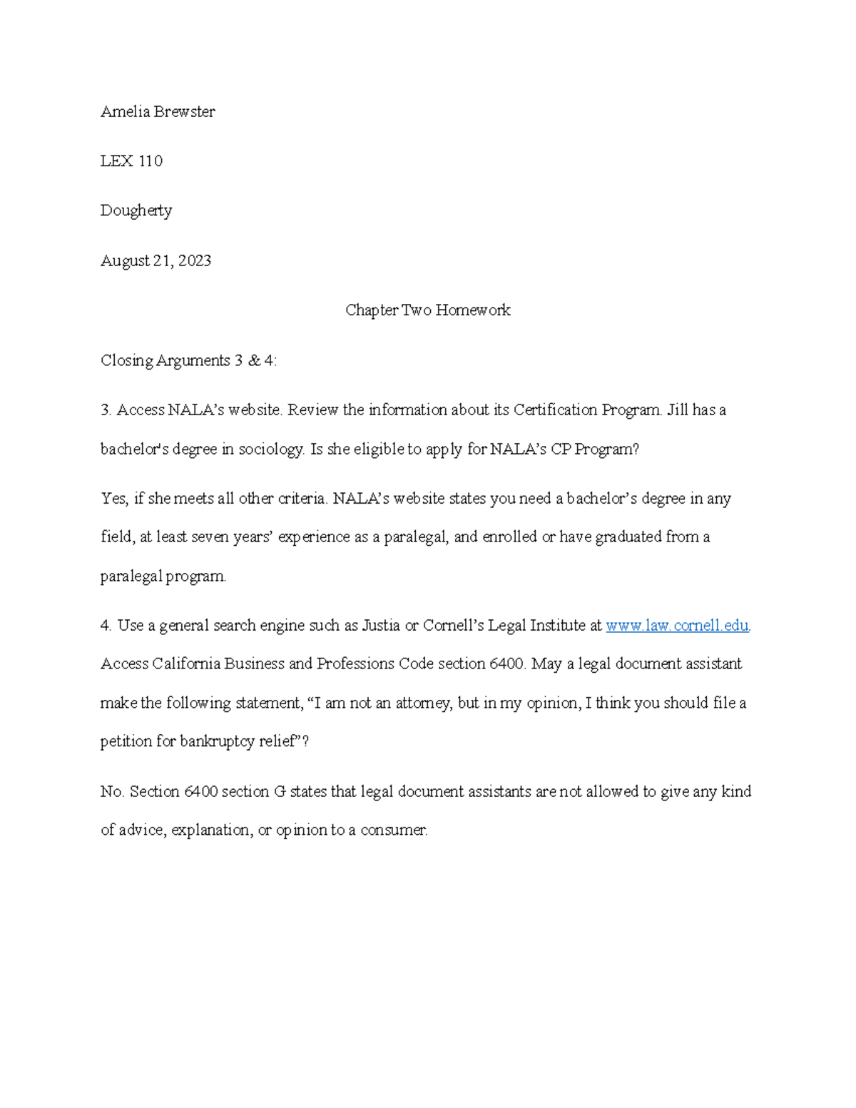 LEX 110 Homework Chapter 2 - Amelia Brewster LEX 110 Dougherty August ...