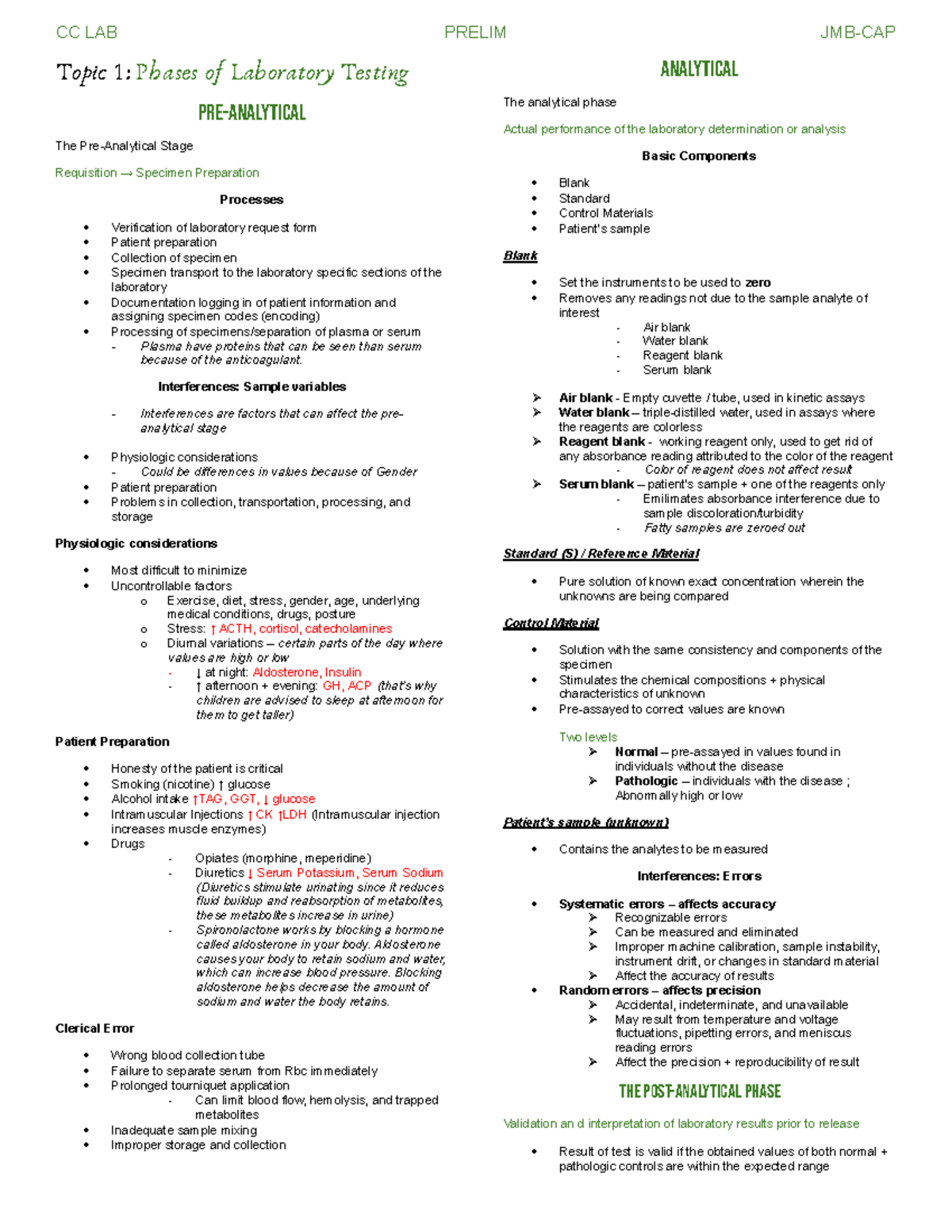 CC Lab Topic 1 - Clinical Chemistry 1 Lab - CC LAB PRELIM JMB-CAP Topic 1: Phases of Laboratory ...