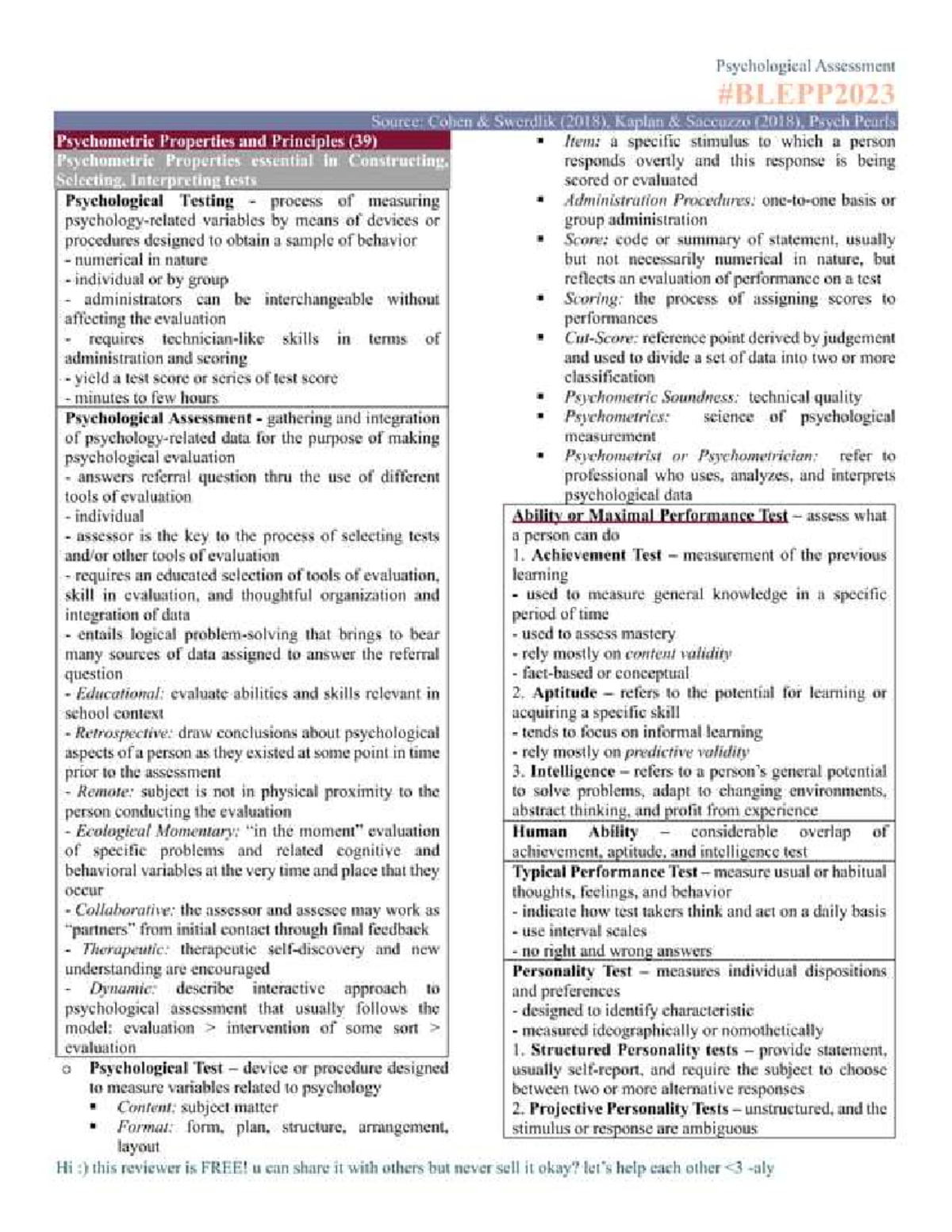 Psych Assessment Rev - Psychological Assessment Source: Cohen Swerdlik ...