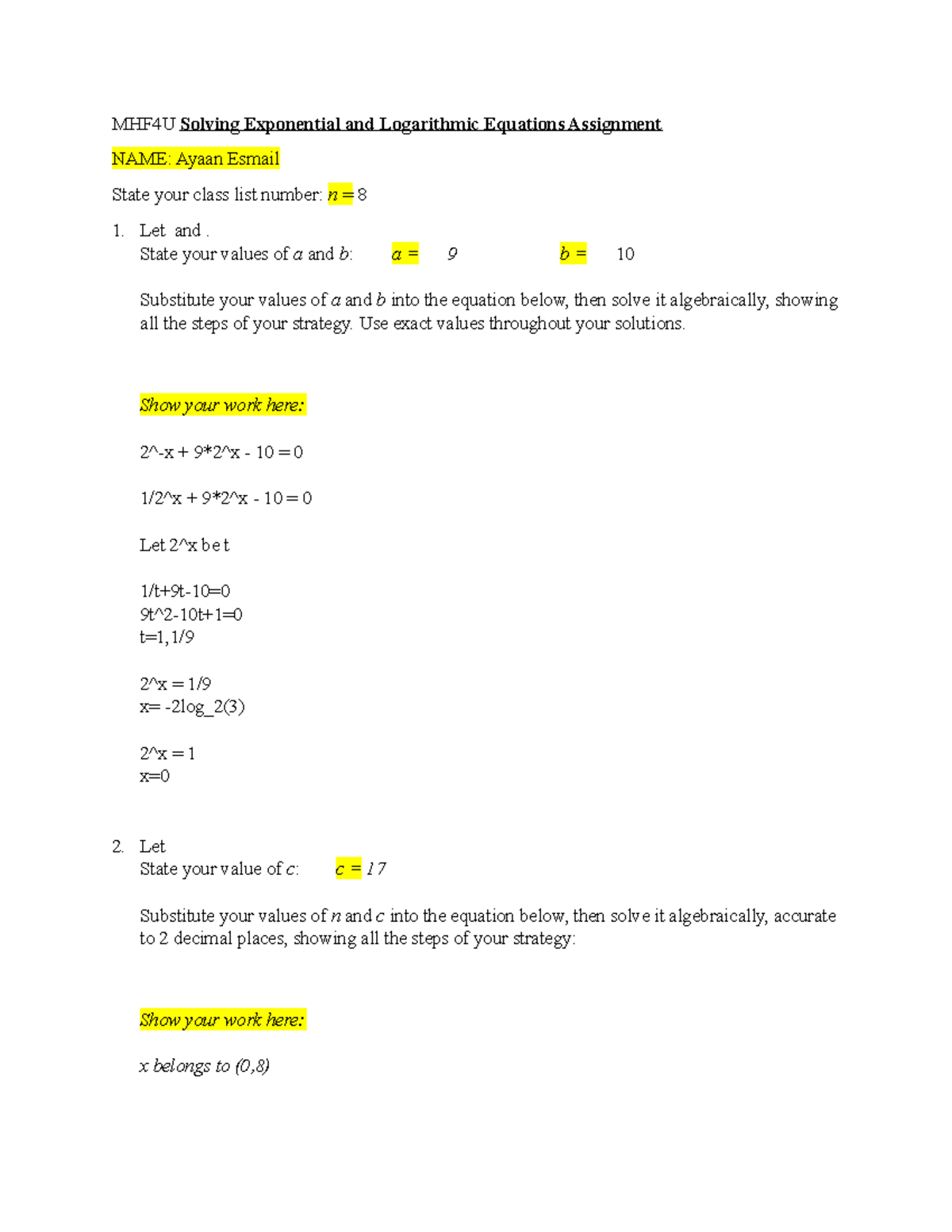 Math Assigment - n/a. - MHF4U Solving Exponential and Logarithmic Equations Assignment NAME ...
