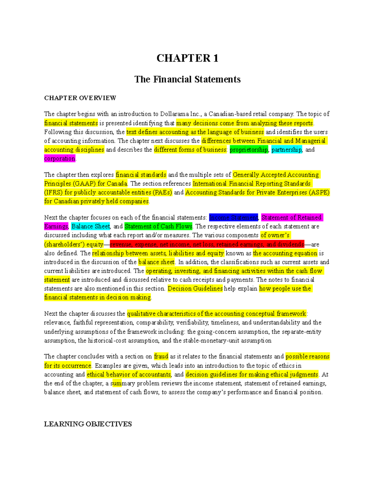 Chapter 1 Accounting Notes - CHAPTER 1 The Financial Statements CHAPTER ...
