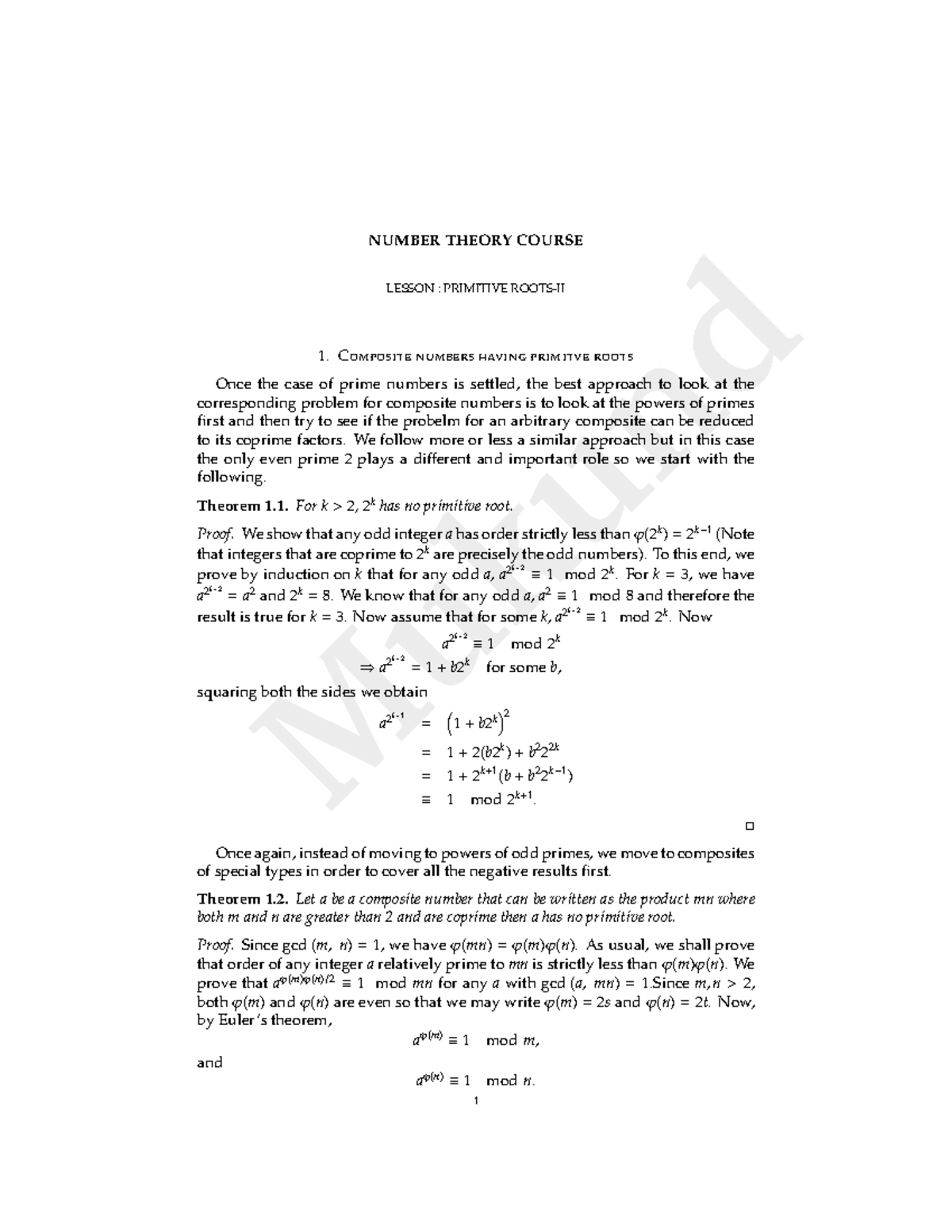 Number Theory Course-II - Mukund NUMBER THEORY COURSE LESSON : PRIMITIVE ROOTS-II Composite ...