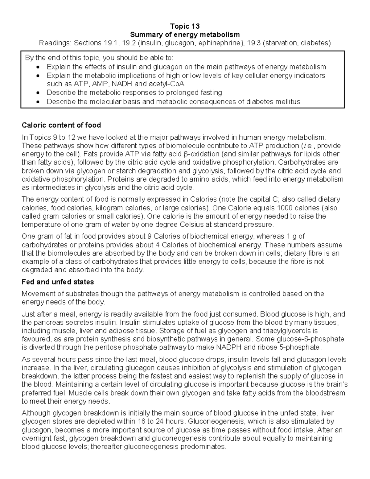 Topic 13 Lecture Notes - Topic 13 Summary of energy metabolism Readings ...