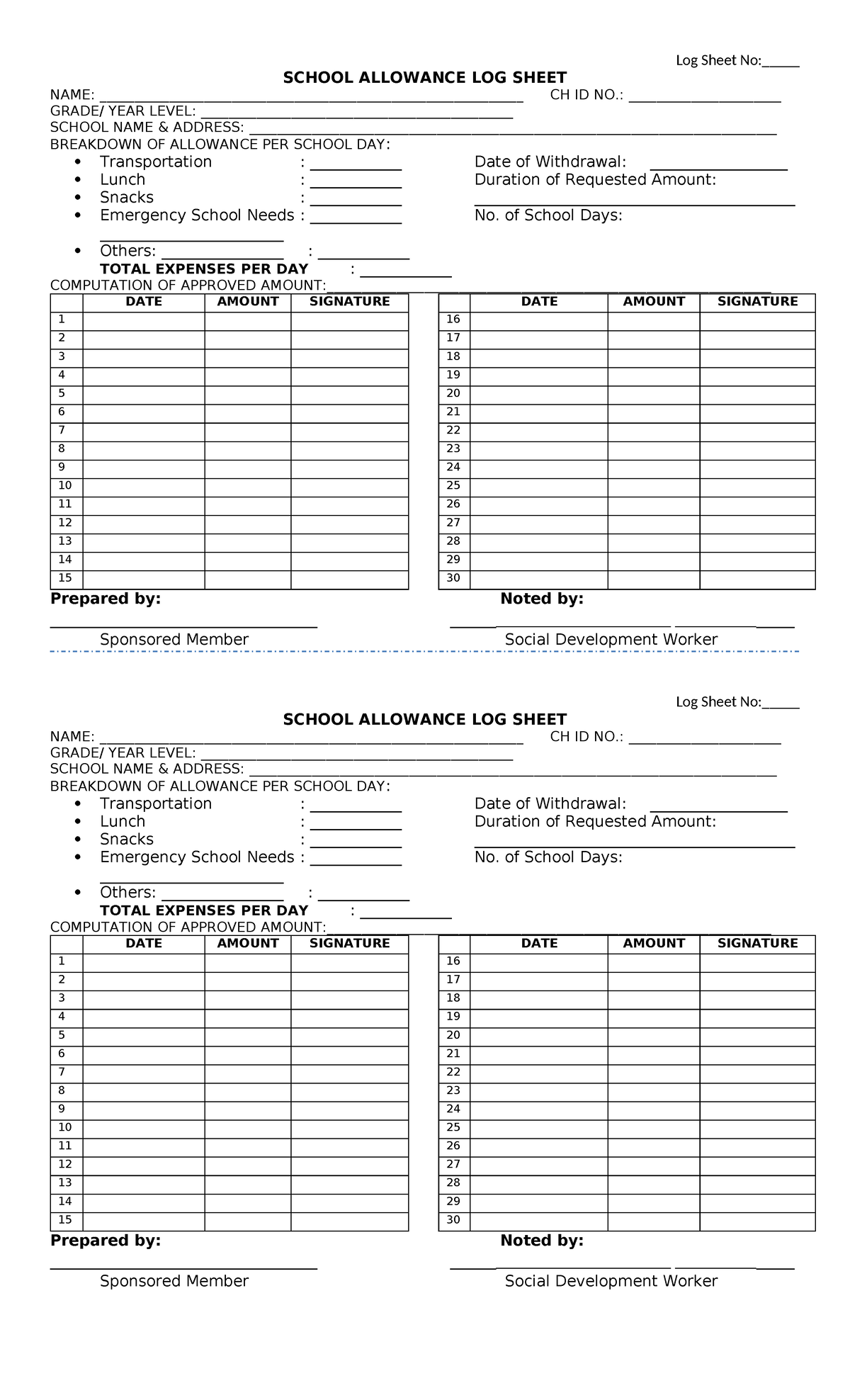 School Allowance LOG Sheet - Log Sheet No:_____ SCHOOL ALLOWANCE LOG ...