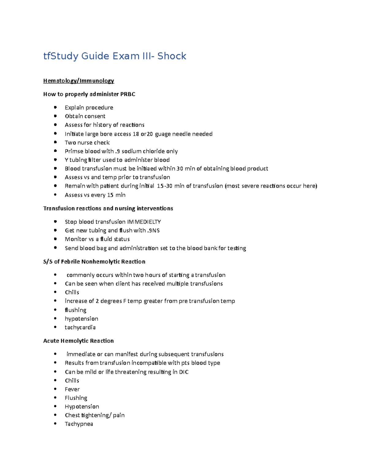 Exam3sg - Study guide for shock/hematological disorders, anemia, blood ...