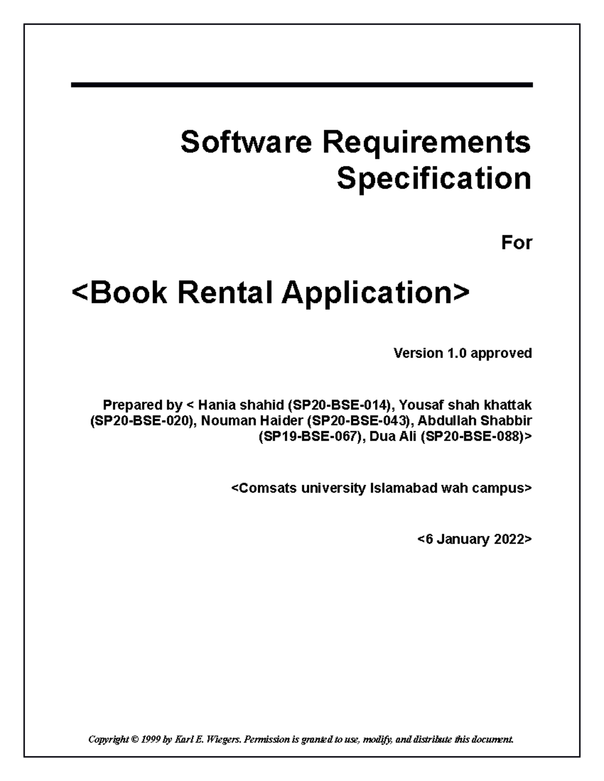 SRS Of Rental Book Application - Software Requirements Specification For