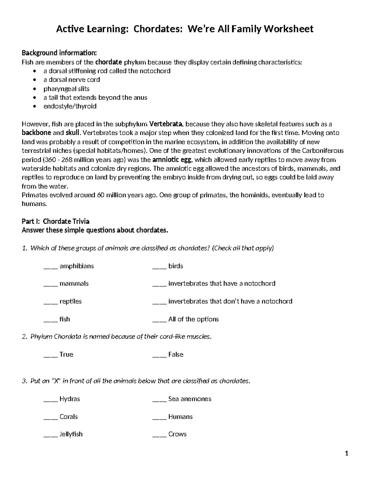 Chordates We're All Family Worksheet - Active Learning: Chordates: We ...