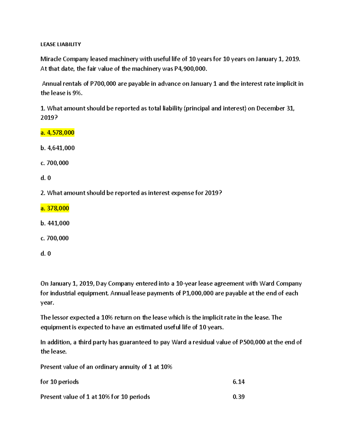 Lease Liability p Roblem 6-10 - LEASE LIABILITY Miracle Company leased ...