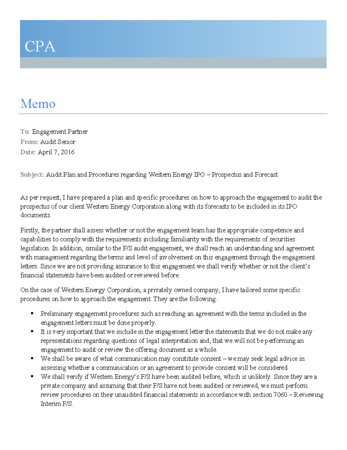 Western Energy Case Assign - CPA Memo To: Engagement Partner From ...