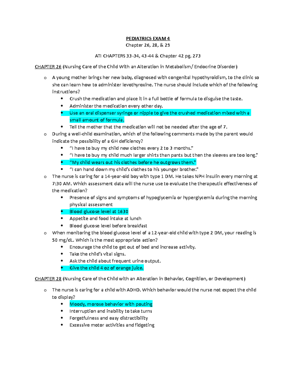 Pediatrics EXAM 4 - Practice questions - PEDIATRICS EXAM 4 Chapter 26 ...