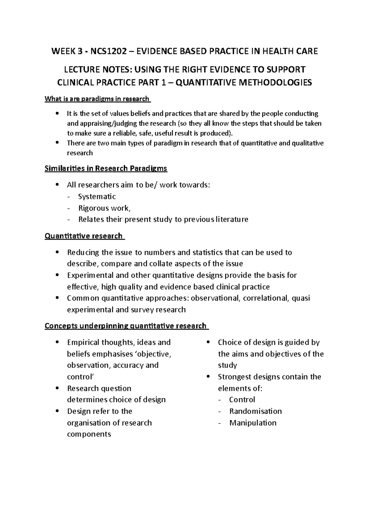 WEEK 3 - Lecture notes 1 - WEEK 3 - NCS1202 – EVIDENCE BASED PRACTICE ...