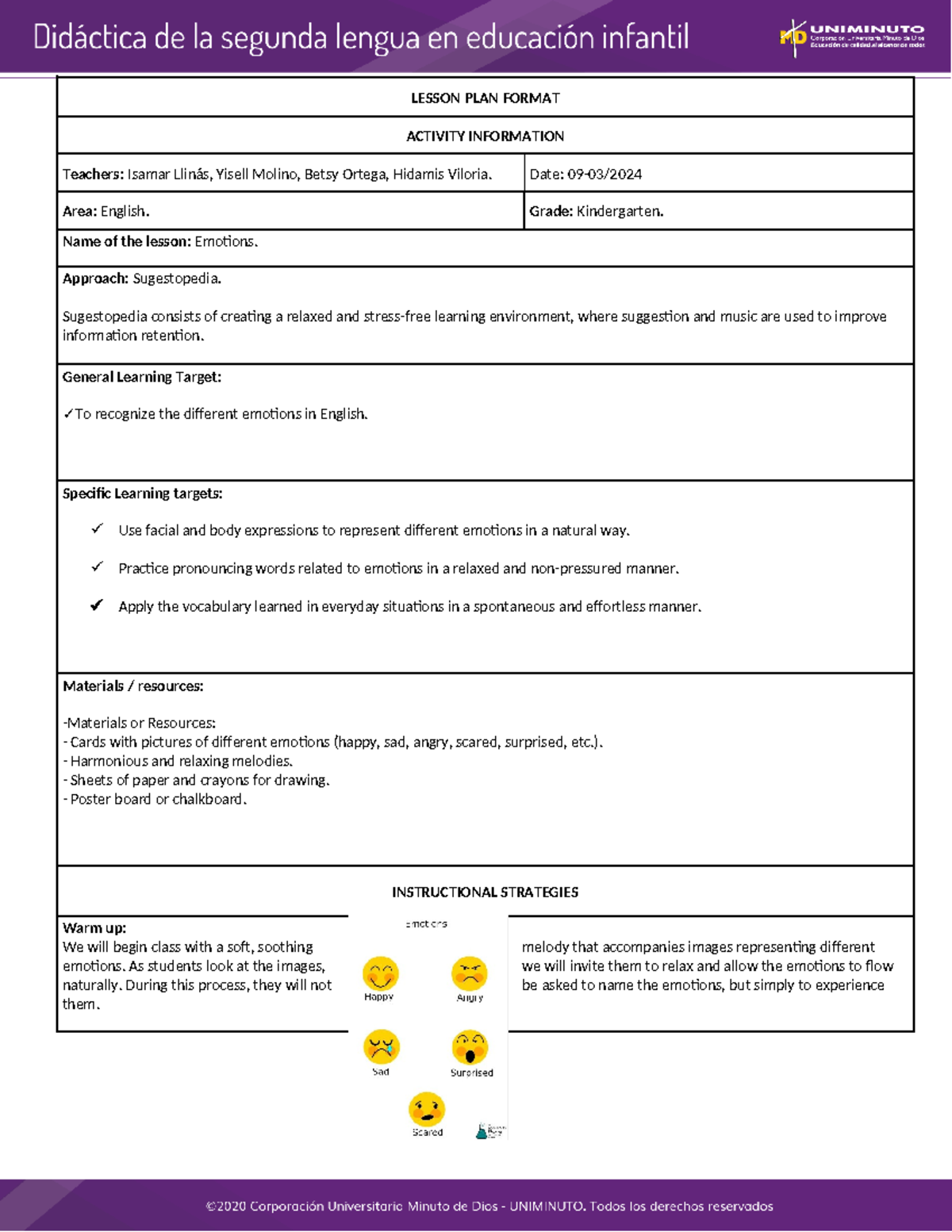 Lesson PLAN - TOPIC: THE EMOTIONS - LESSON PLAN FORMAT ACTIVITY ...