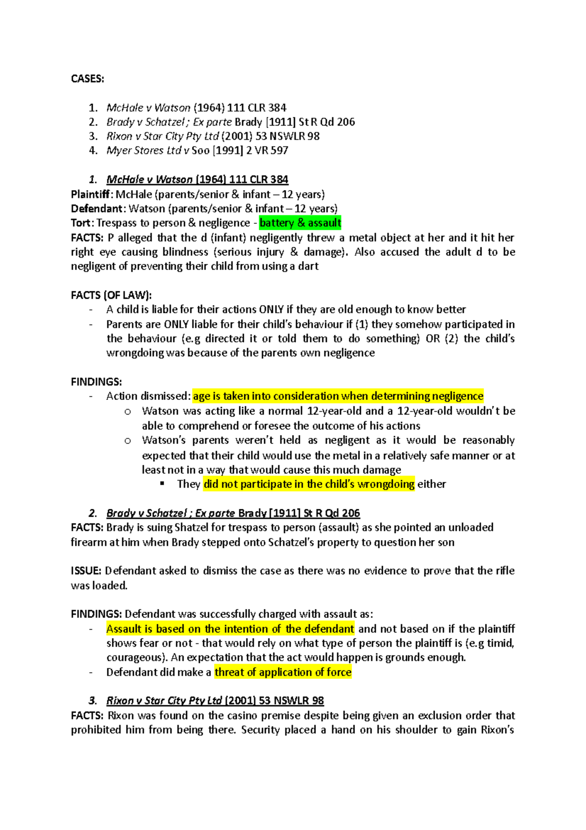 Cases WK1 - CASES: McHale v Watson (1964) 111 CLR 384 Brady v Schatzel ...