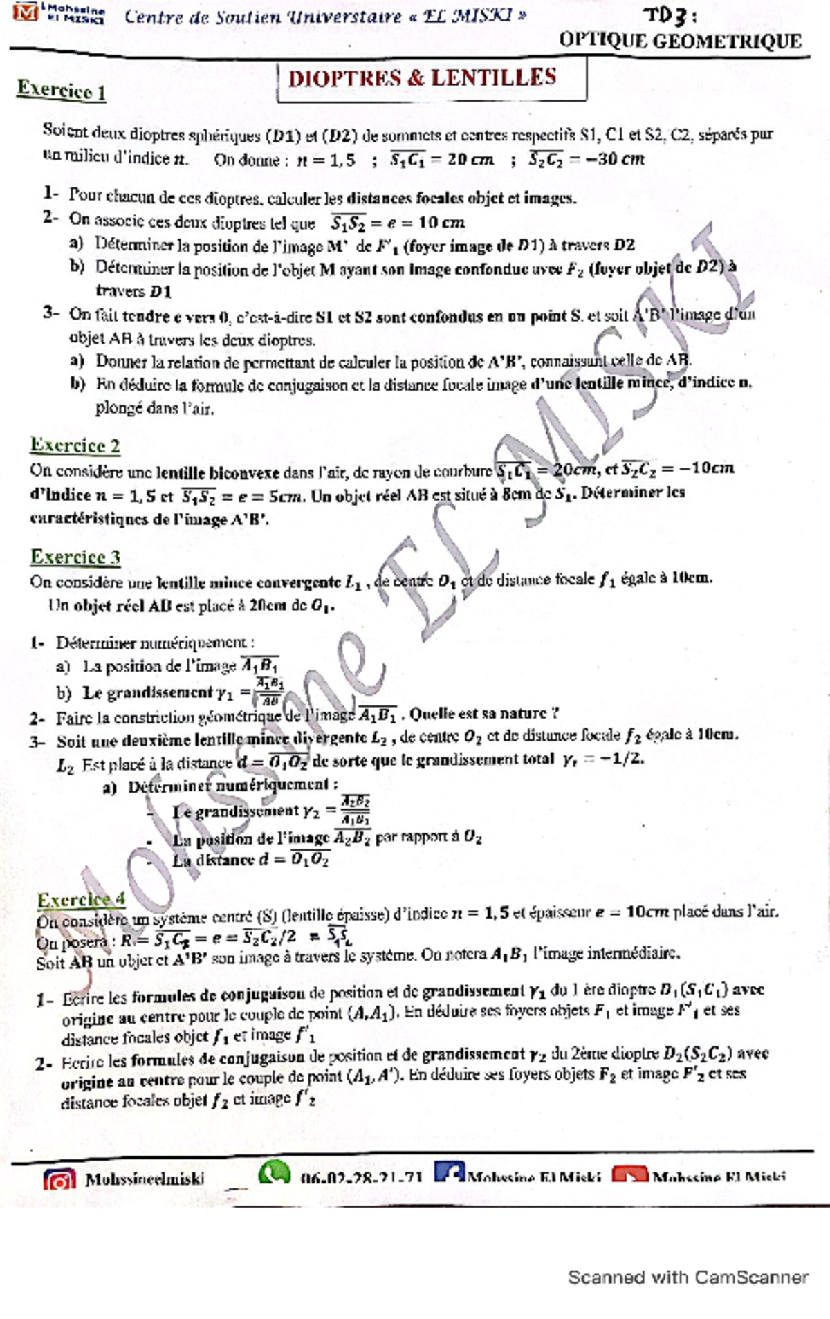 Optique TD 3 dioptres et lentilles - Physique2 : optique - Studocu