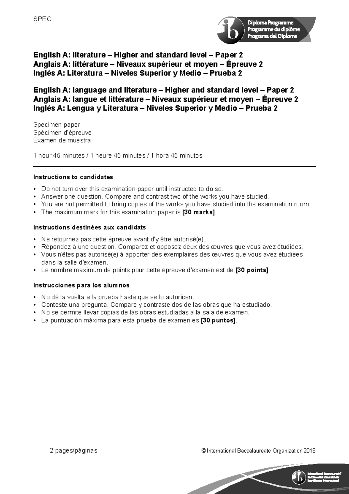 English p2 - Practice paper IB paper 2 - English A: literature – Higher ...