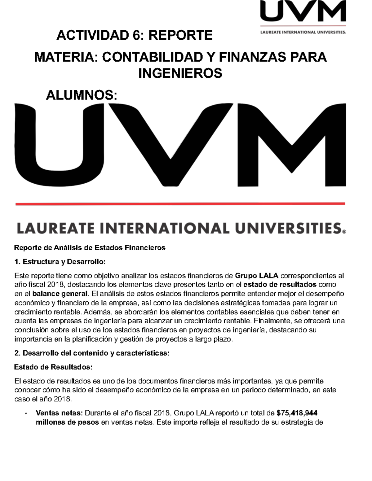 A6 EHSD - ACTIVIDAD 6: REPORTE - ACTIVIDAD 6: REPORTE MATERIA: CONTABILIDAD Y FINANZAS PARA ...