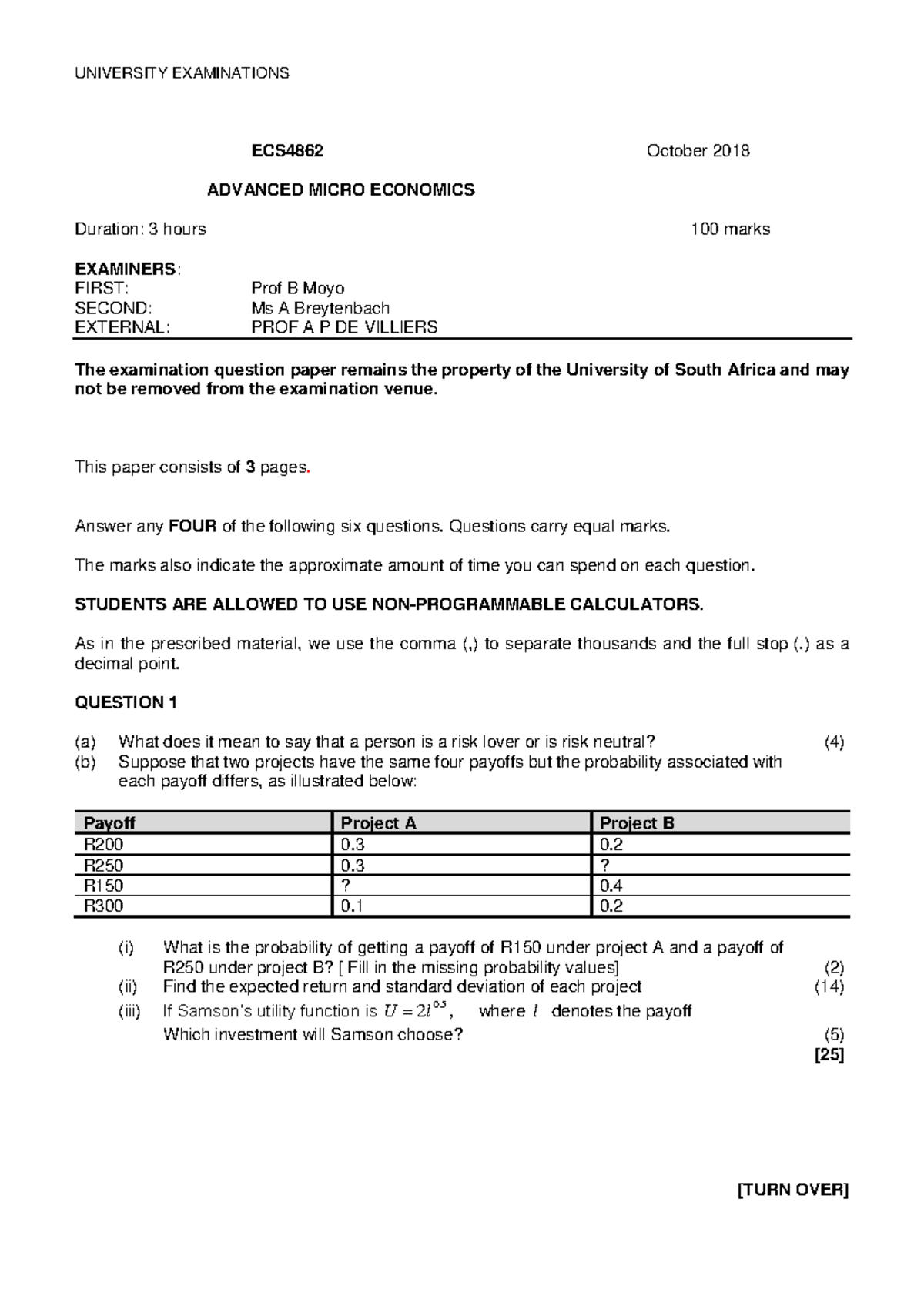 Concession exam. - [TURN OVER] UNIVERSITY EXAMINATIONS ECS4862 October ...