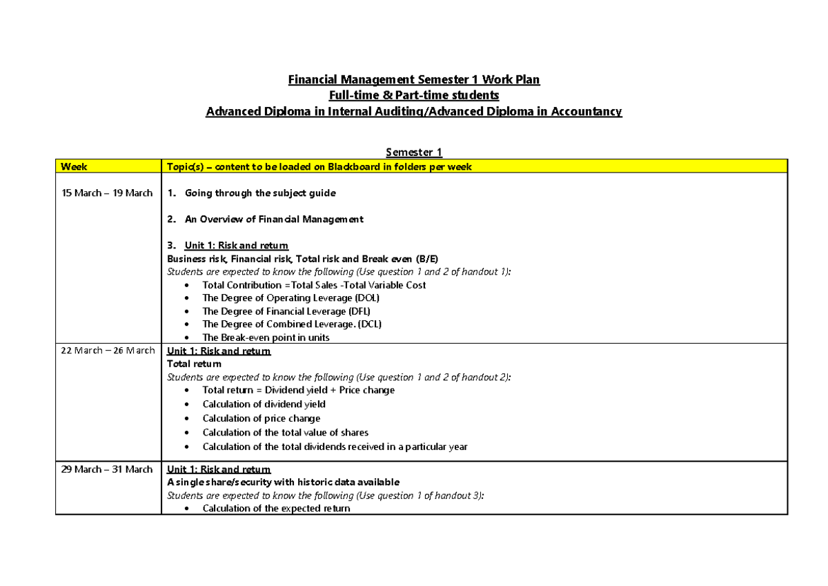 Financial Management Semester ONE WORK PLAN 2021 - Financial Management ...