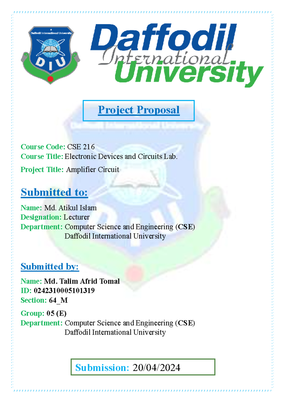 Project Proposal - Course Code: CSE 216 Course Title: Electronic ...
