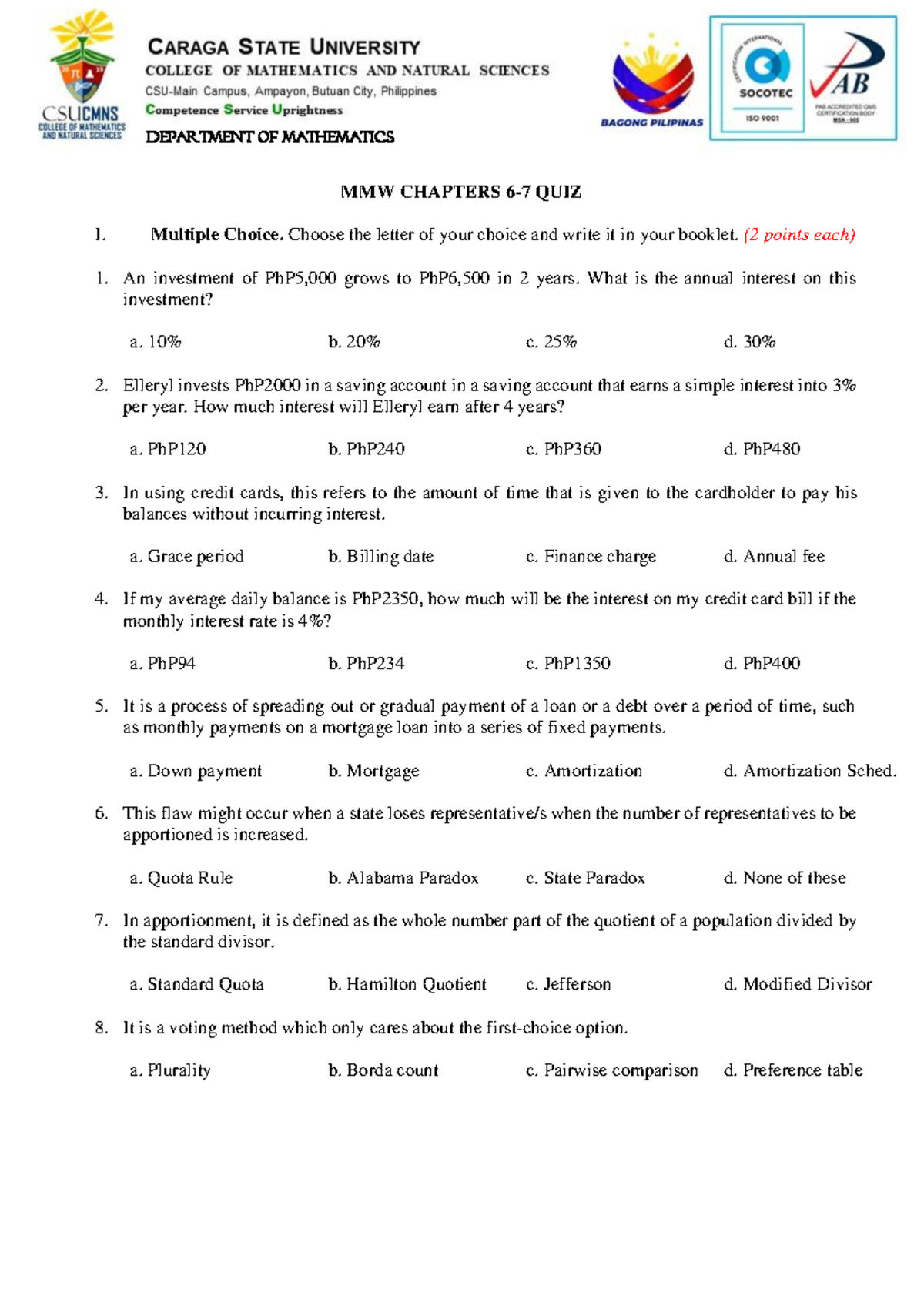 MMW Chapters 6 7 Quiz - DEPARTMENT OF MATHEMATICS MMW CHAPTERS 6-7 QUIZ ...
