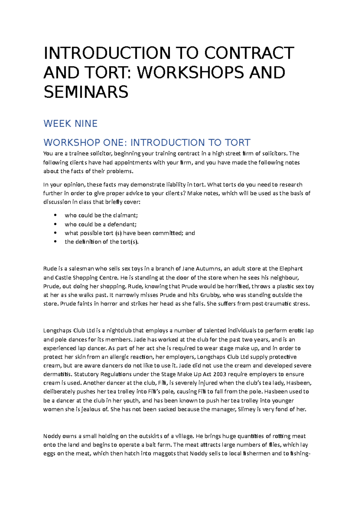 Workshop AND Seminar WEEK 1 - Introduction TO Contract AND TORT - INTRODUCTION TO CONTRACT AND ...